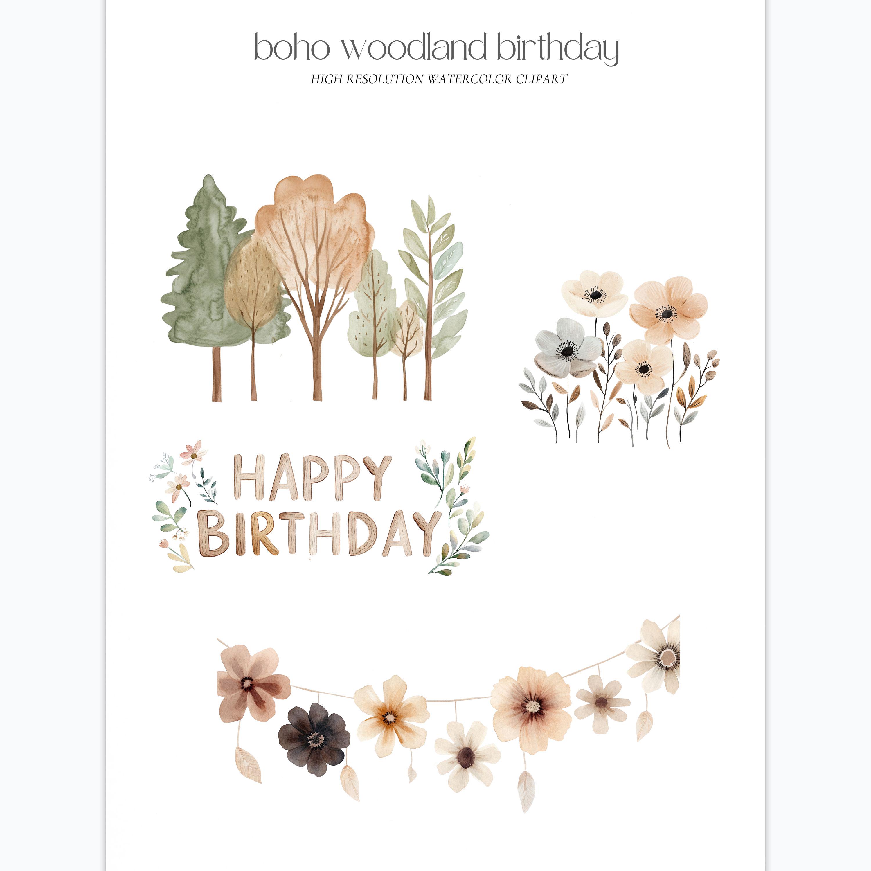 Boho Woodland Animals Birthday Clipart: Watercolor Forest PNG (digital ...