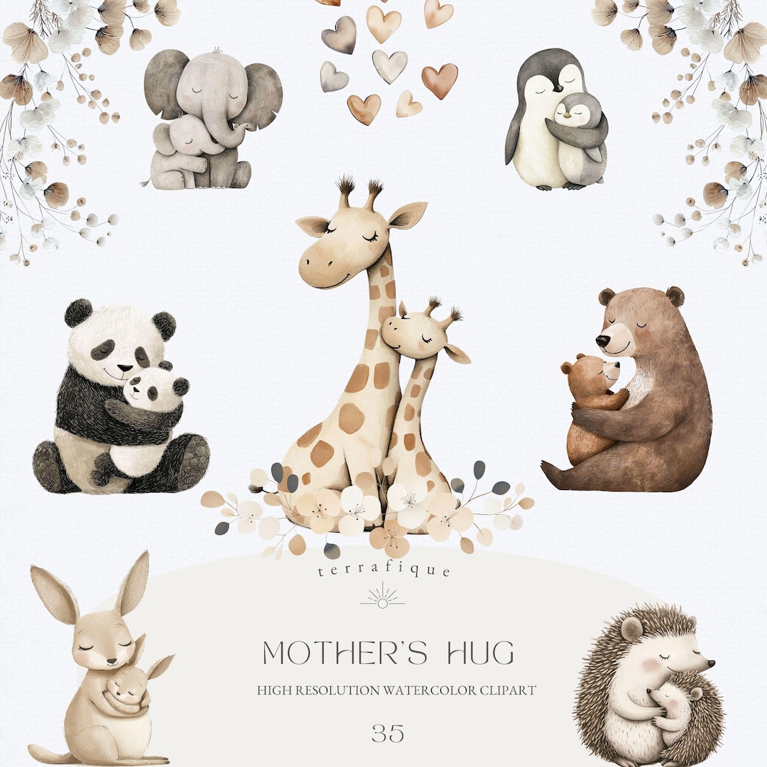 Mom and Baby Animal Watercolor Clipart: Safari, Farm, Woodland (digital ...