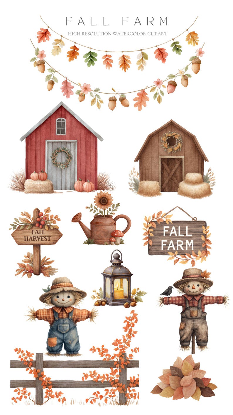 Fall Farm Clipart, Watercolor Harvest Barn Animals PNG, Pumpkin ...