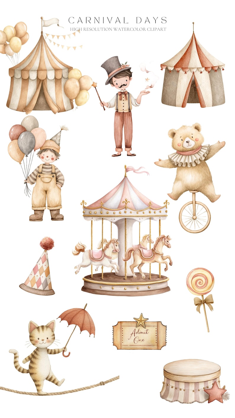 Carnival Clipart Set: Boho Circus Animals, Watercolor Designs ...