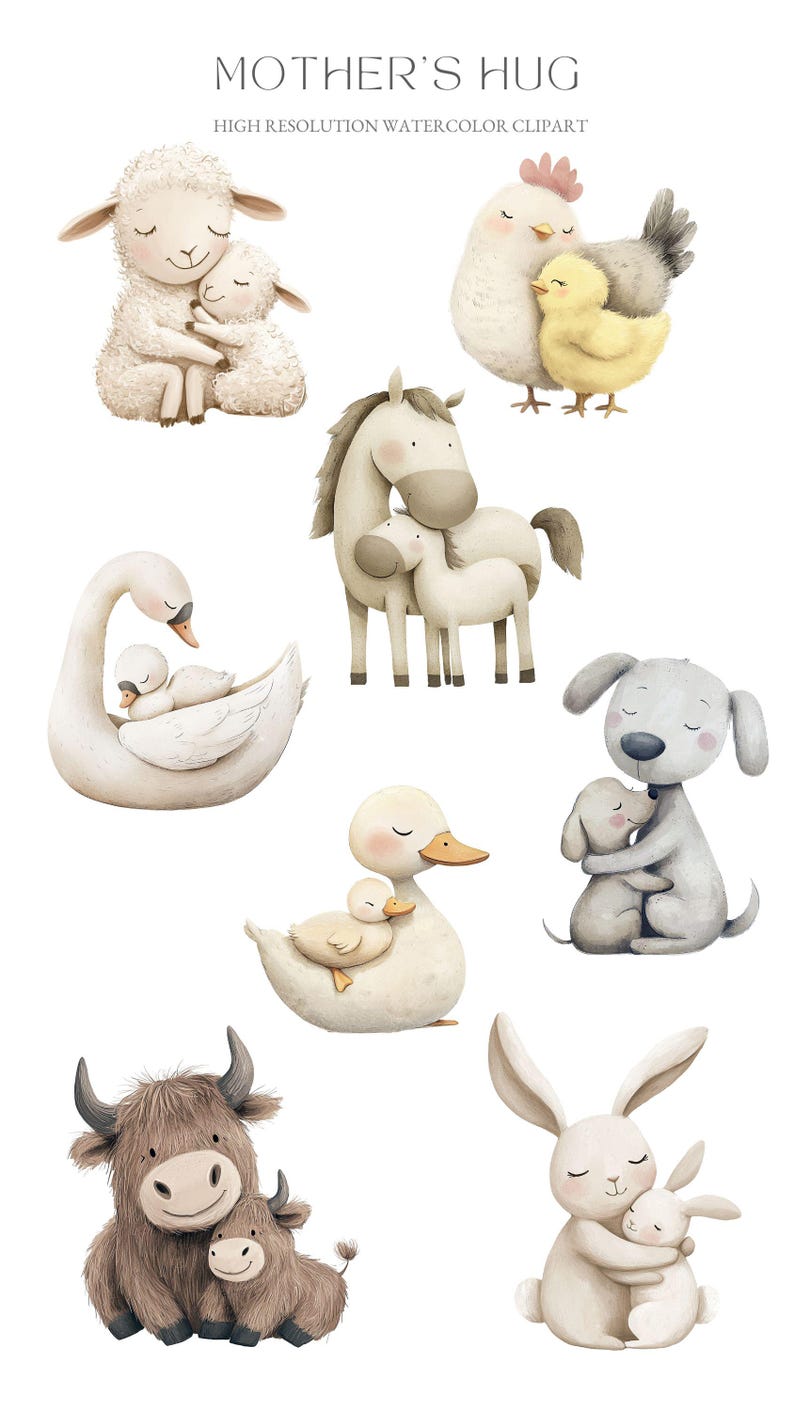 Mom and Baby Animal Watercolor Clipart: Safari, Farm, Woodland (digital ...