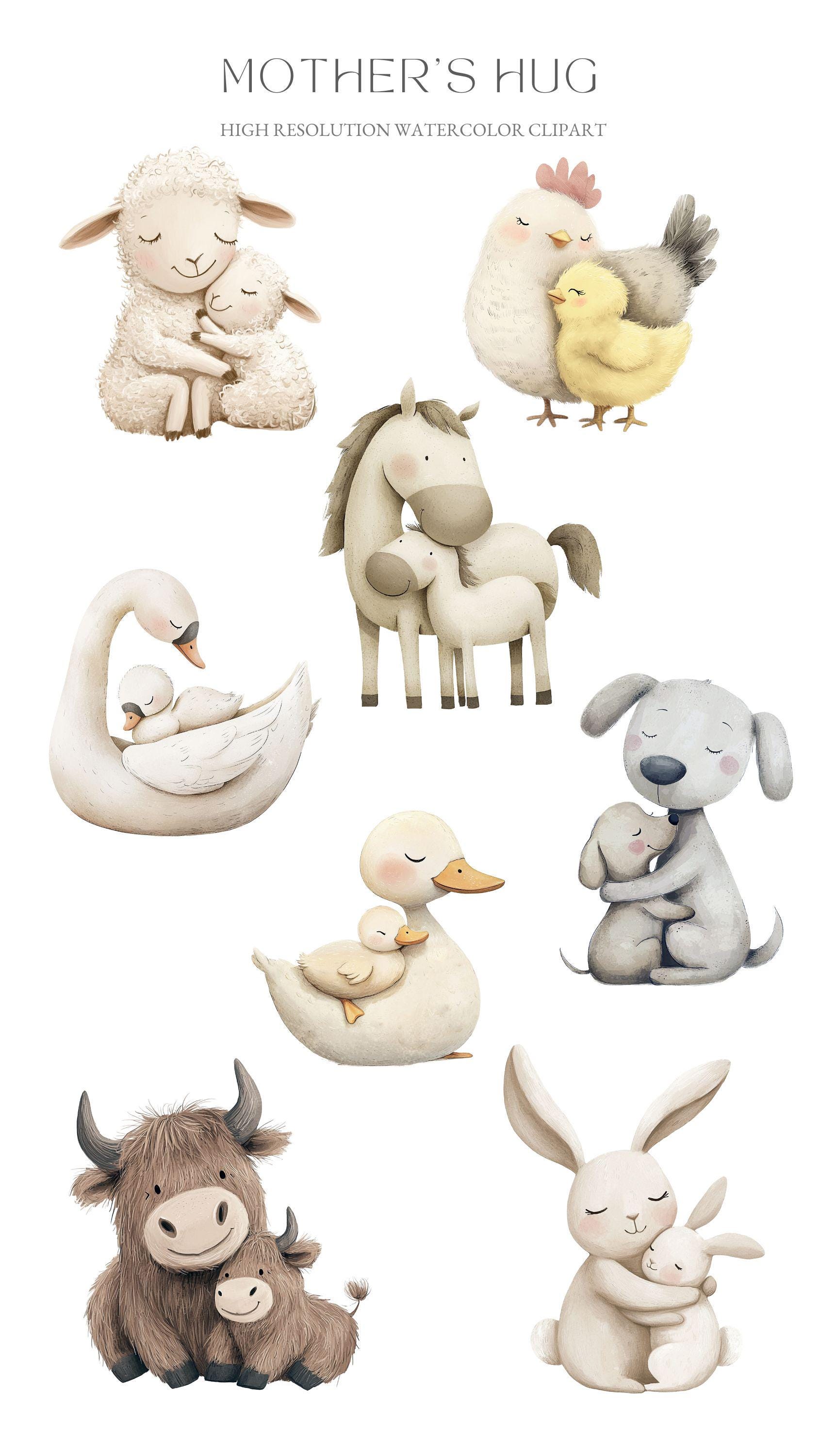 Mom and Baby Animal Watercolor Clipart: Safari, Farm, Woodland (digital ...
