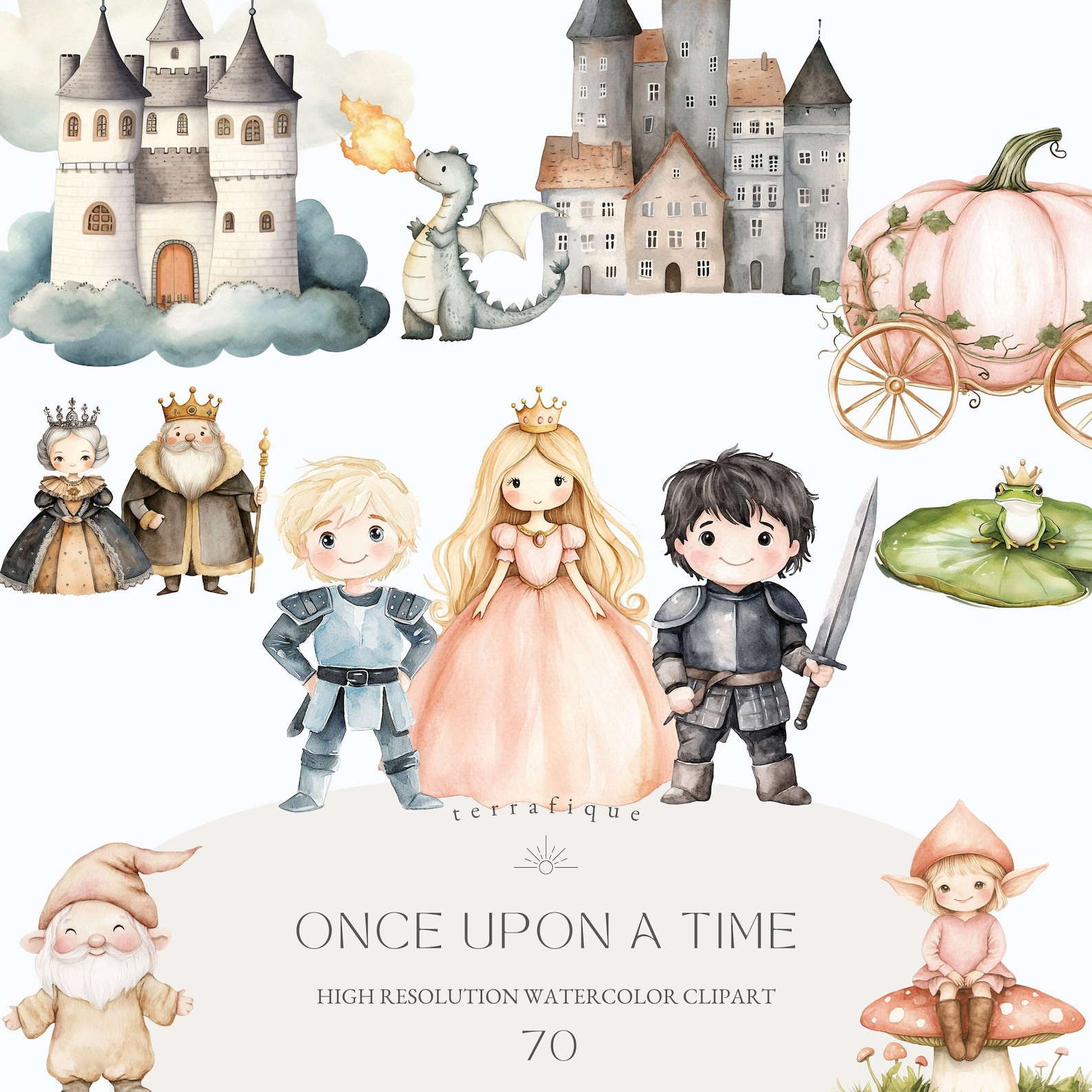 Fairytale Watercolor Clipart: Princess, Dragon, Castle (PNG Digital ...