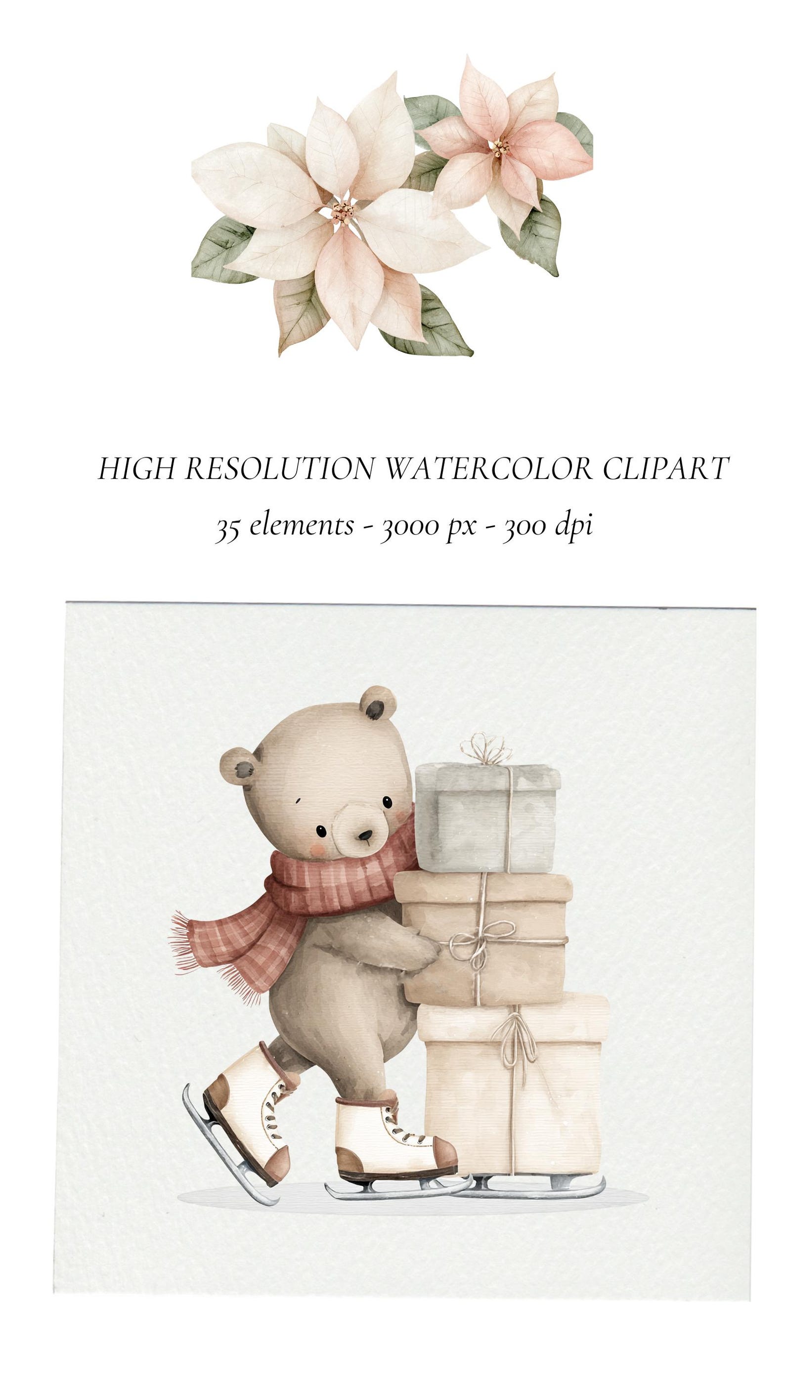 Watercolor Christmas Teddy Bear Clipart Set: 35 PNG Elements ...