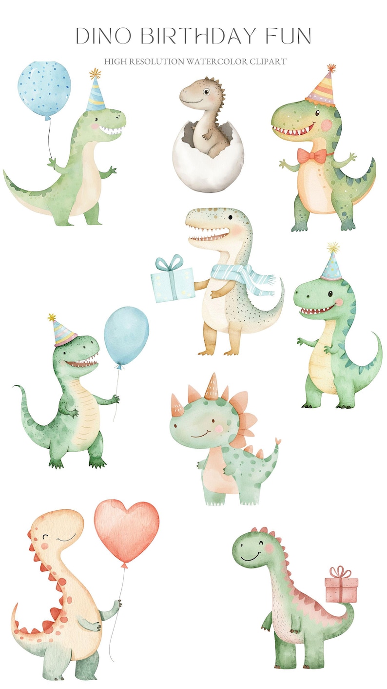 Dino Birthday Clipart: Watercolor Dinosaurs, Party Decor (PNG) - Etsy