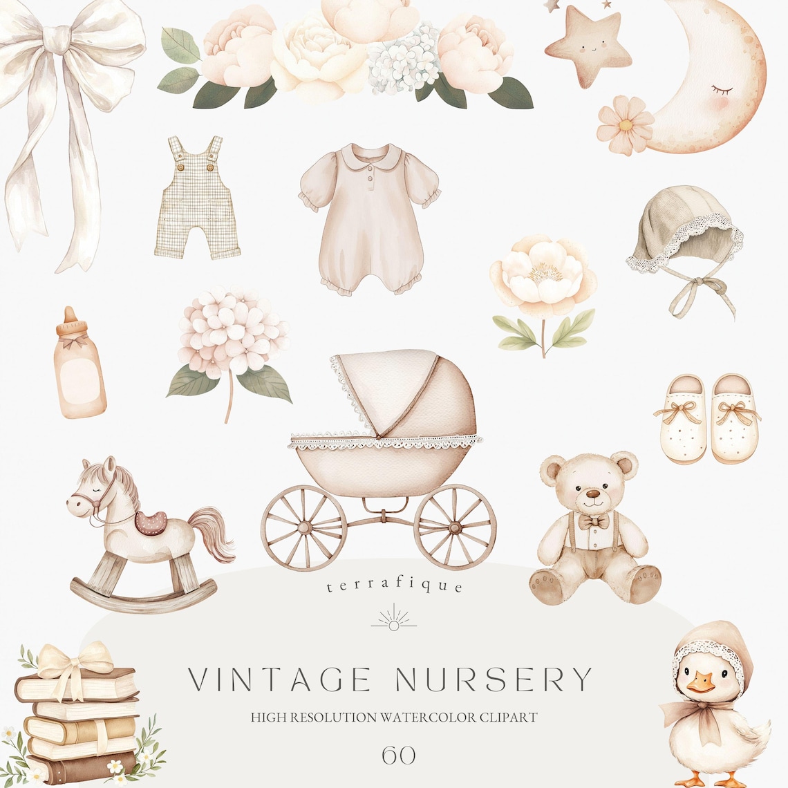 Vintage Nursery Clipart: Grandmillennial Baby Watercolor (digital ...