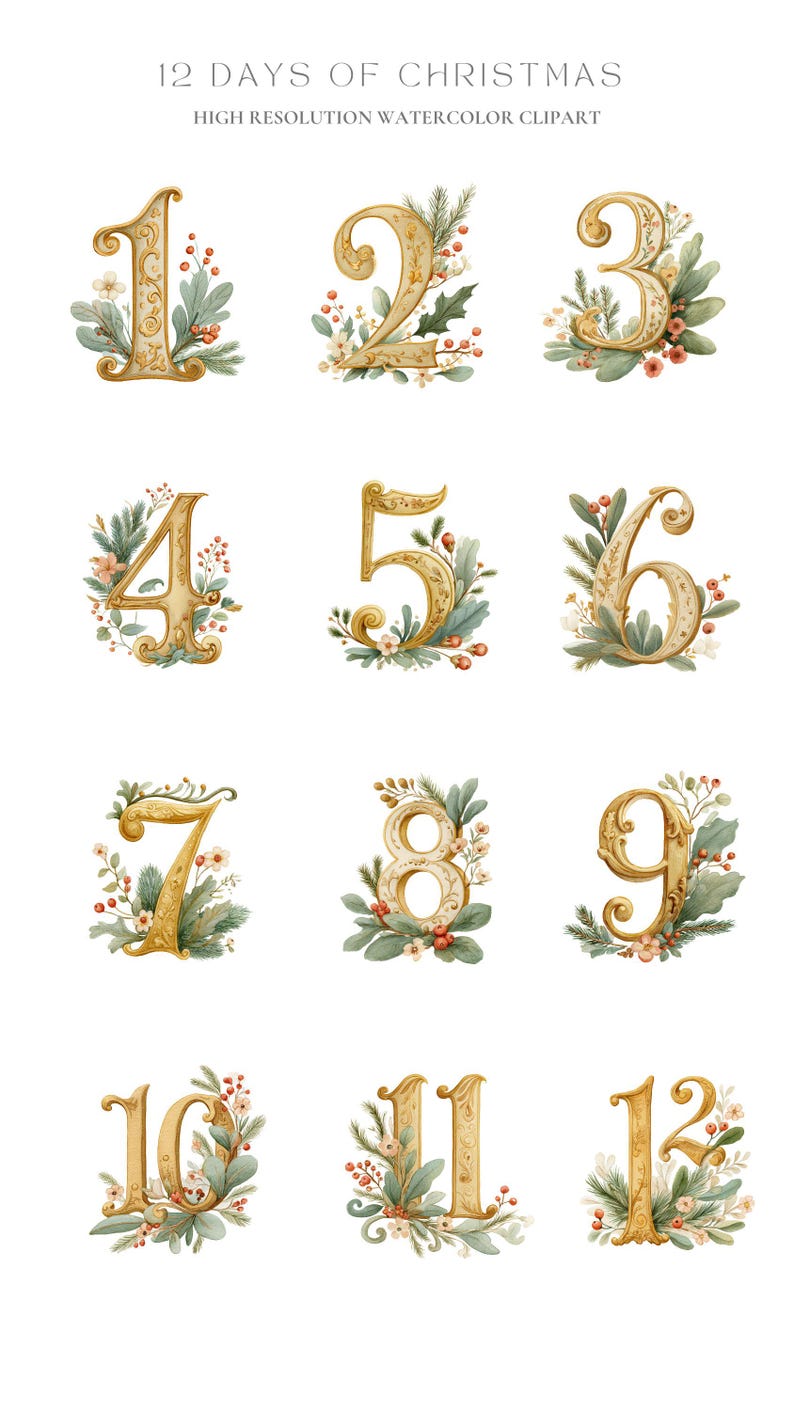 Twelve Days of Christmas Clipart, Vintage Holiday Card PNG, Classic ...