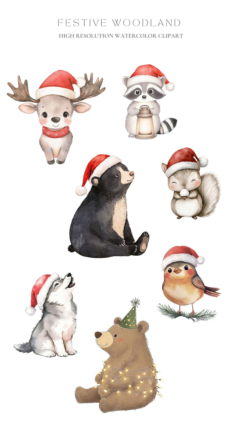 Watercolor Woodland Christmas Clipart: Festive Forest Animals (PNG ...