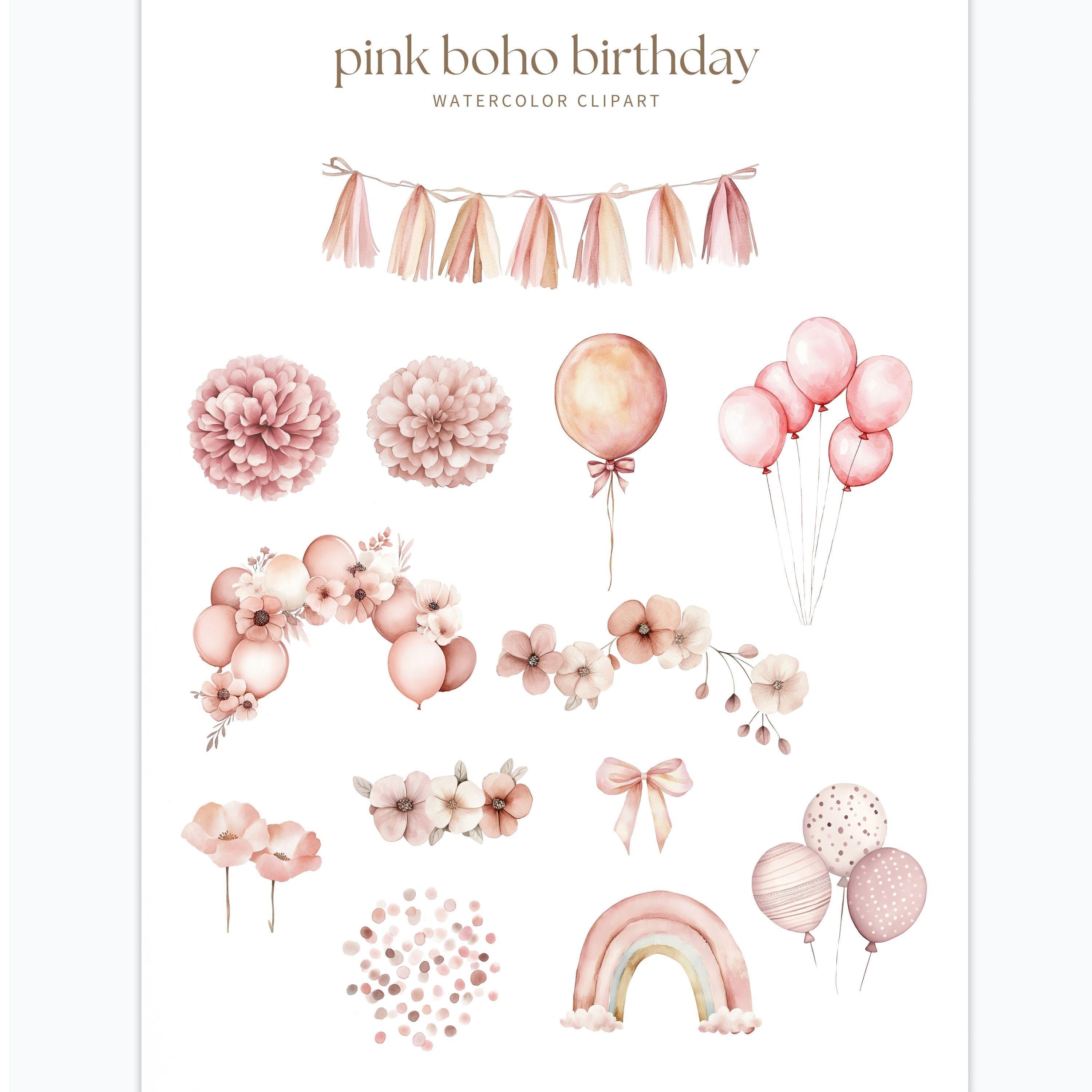 Pink Boho Birthday Clipart: Watercolor Party Graphics (PNG) - Etsy