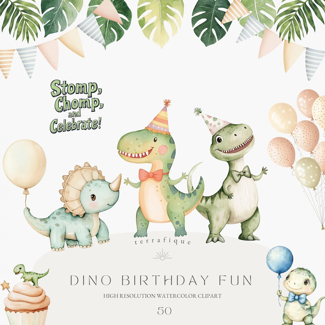 Dino Birthday Cute Dinosaur Party Clipart Jurassic World PNG Whimsical ...