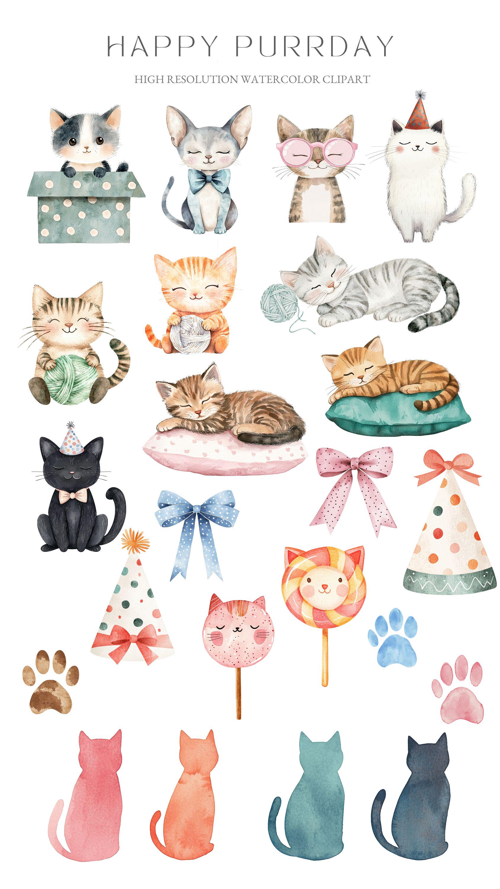 Watercolor Cats Birthday Clipart: Pastel Kittens Party (PNG) - Etsy