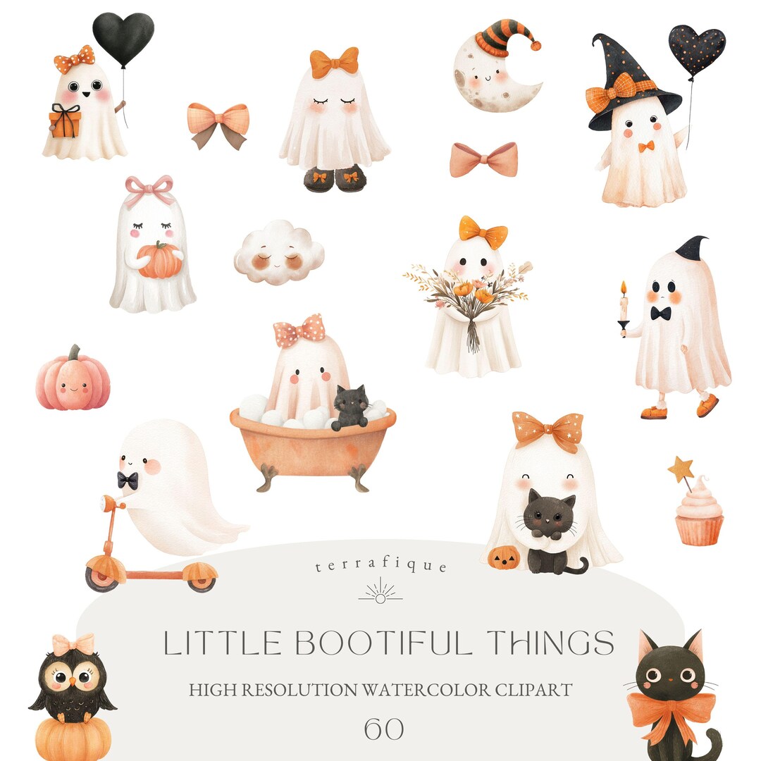 Halloween Ghost Clipart Set: Watercolor Bow Ghosts (PNG - Etsy