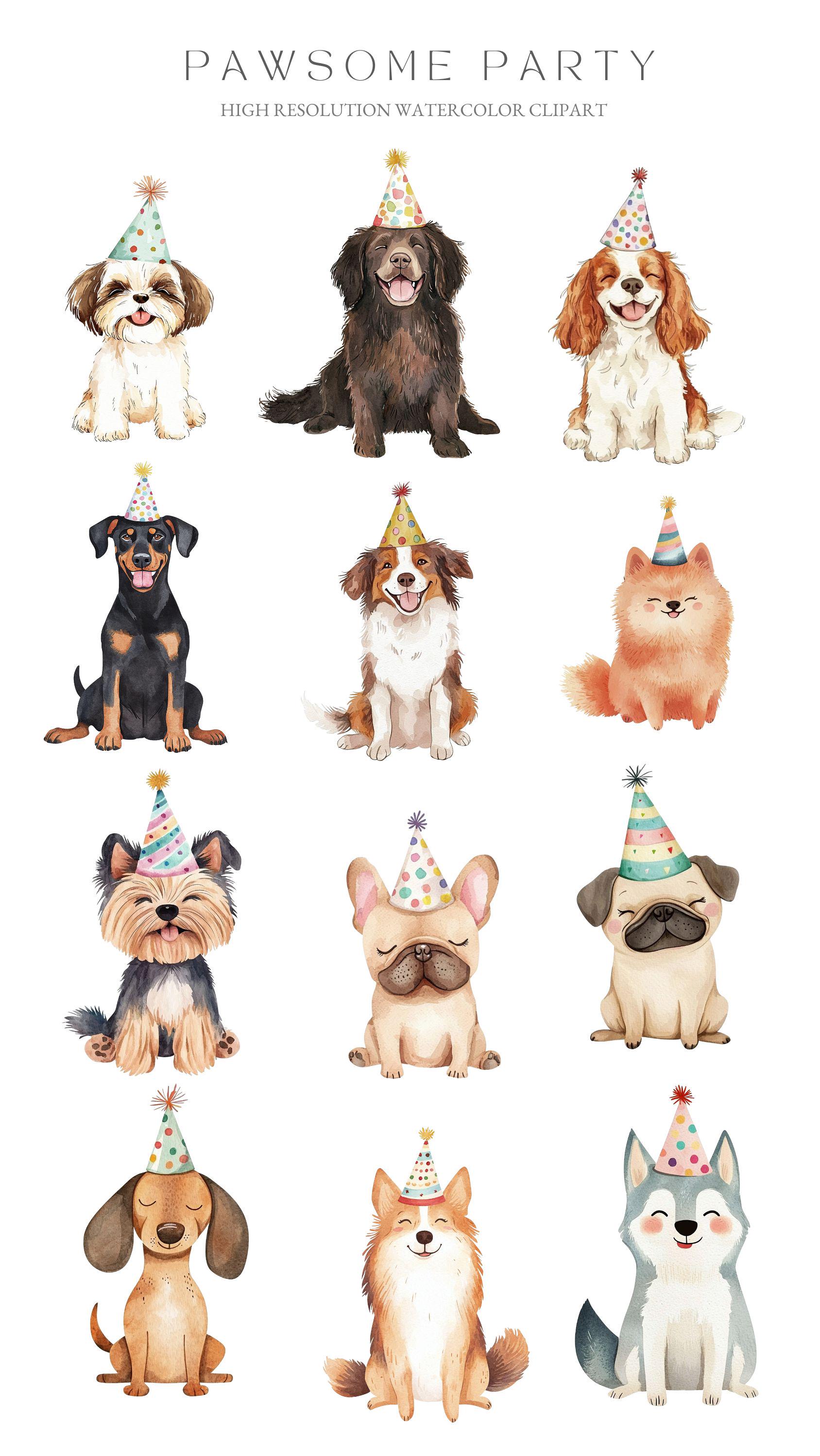 Watercolor Dog Breeds Clipart: Birthday Party PNG Bundle (commercial ...
