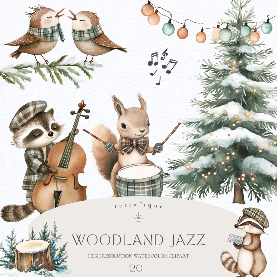 Woodland Christmas Clipart: Watercolor Forest Animals Jazz Concert ...