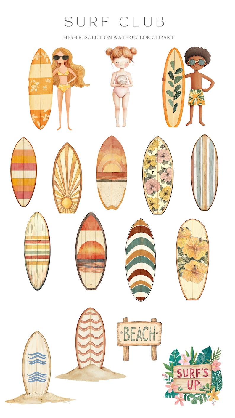 Retro Surf Clipart Set: Boho Beach Vacation Graphics (digital Download ...