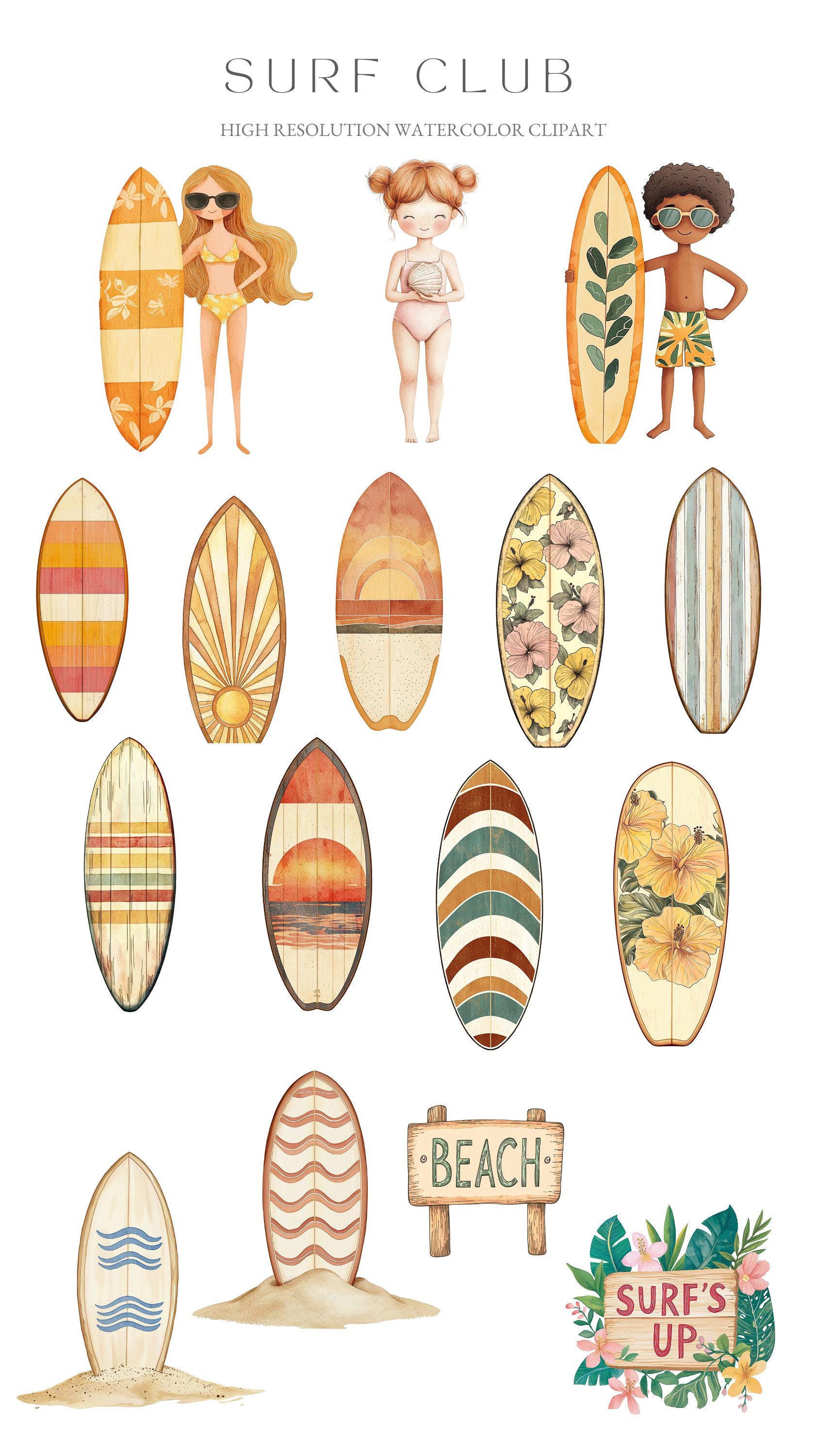 Retro Surf Clipart Set: Boho Beach Vacation Graphics (digital Download ...