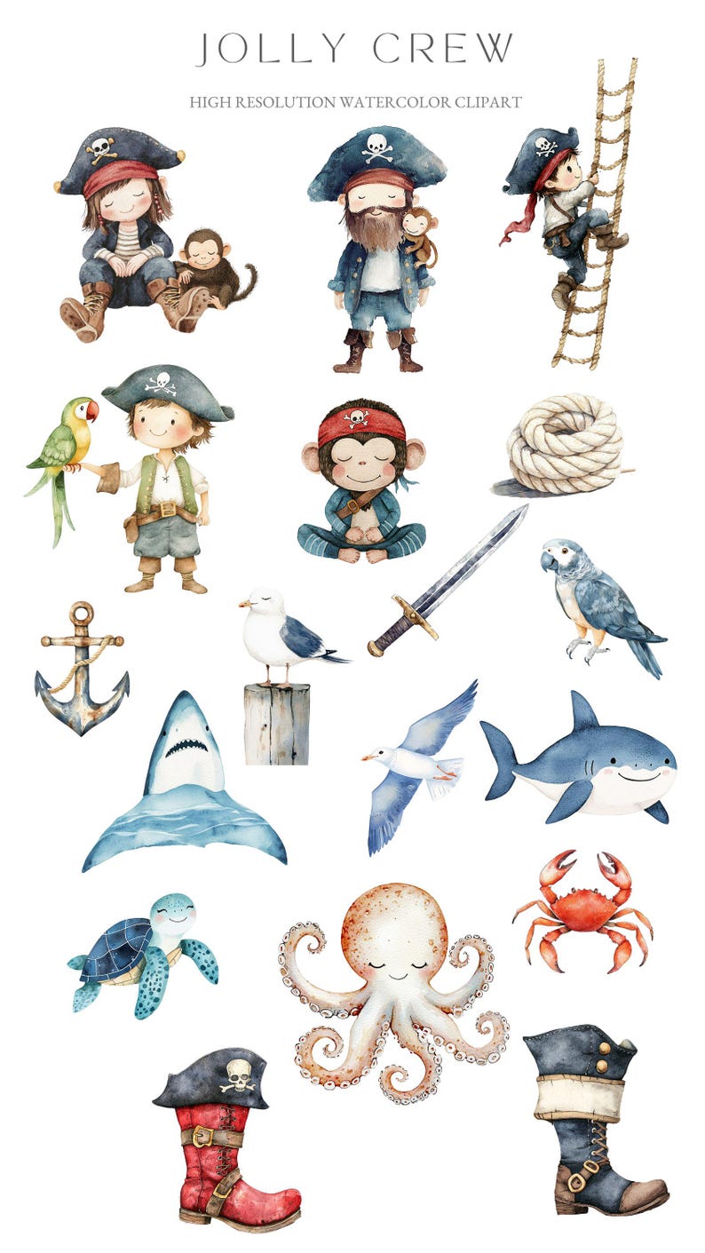 Pirate Clipart Set: Whimsical Kids, Animals, Treasure Island (50 ...