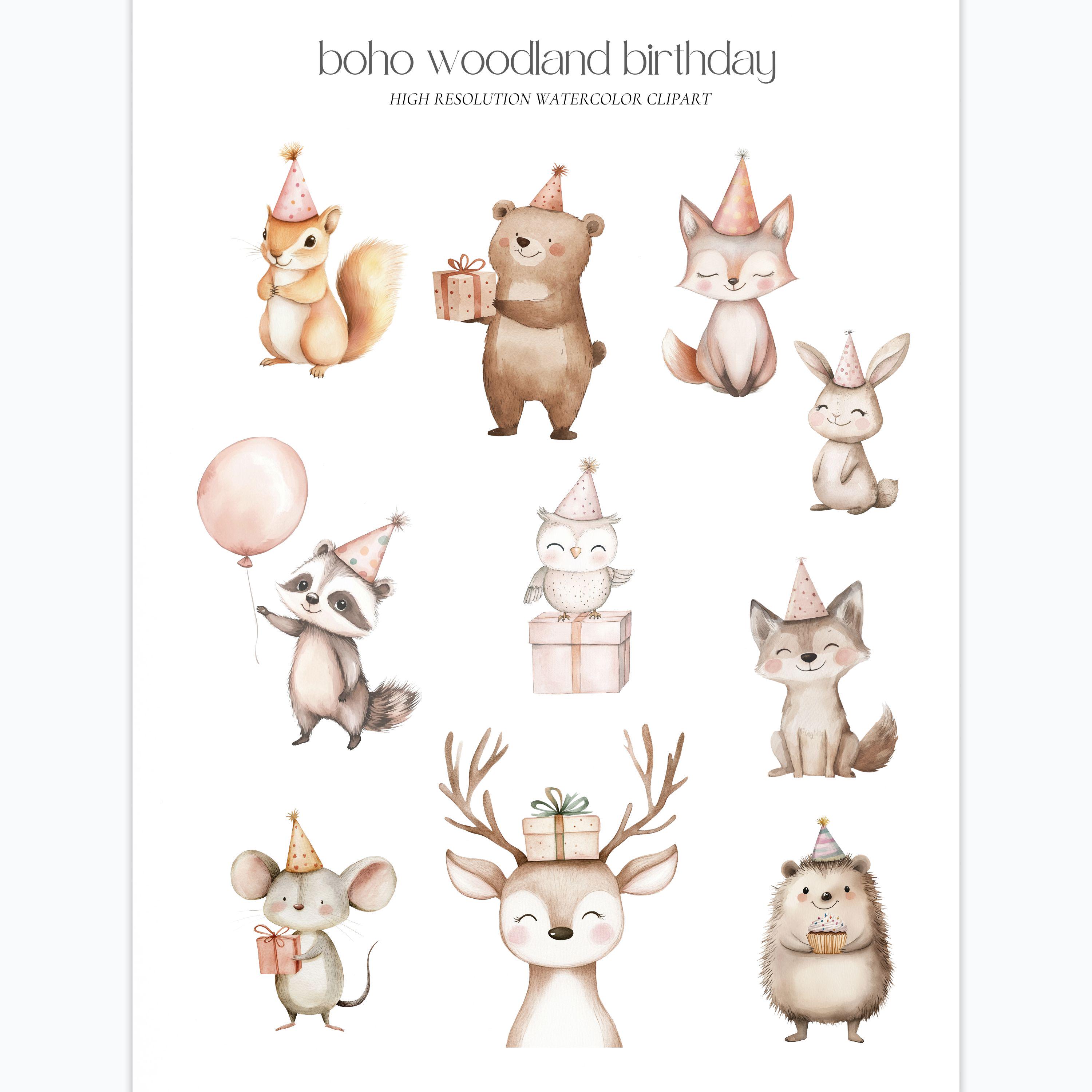 Boho Woodland Animals Birthday Clipart: Watercolor Forest PNG (digital ...
