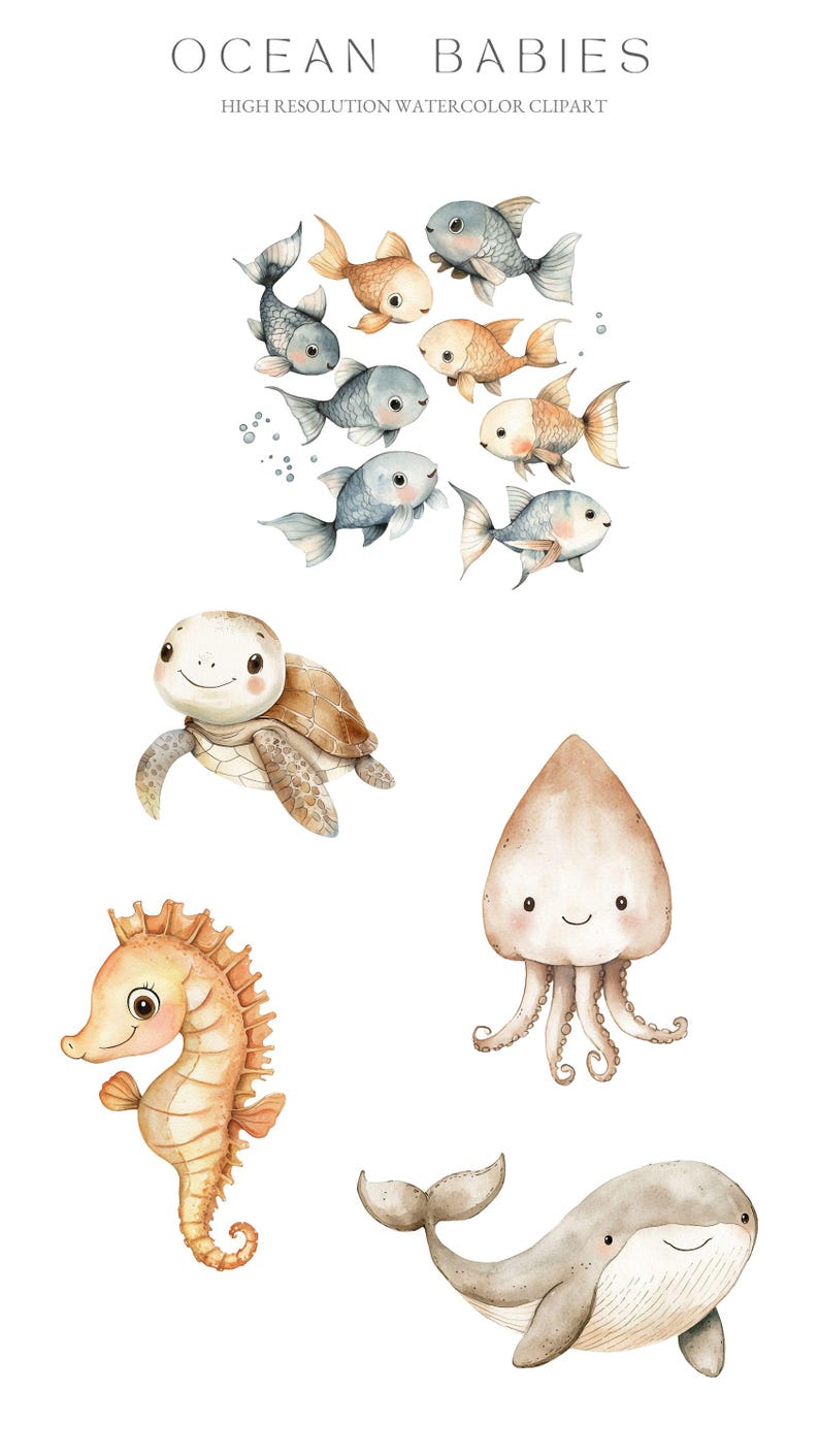Watercolor Baby Sea Animals Clipart: Ocean Nursery Art (digital ...