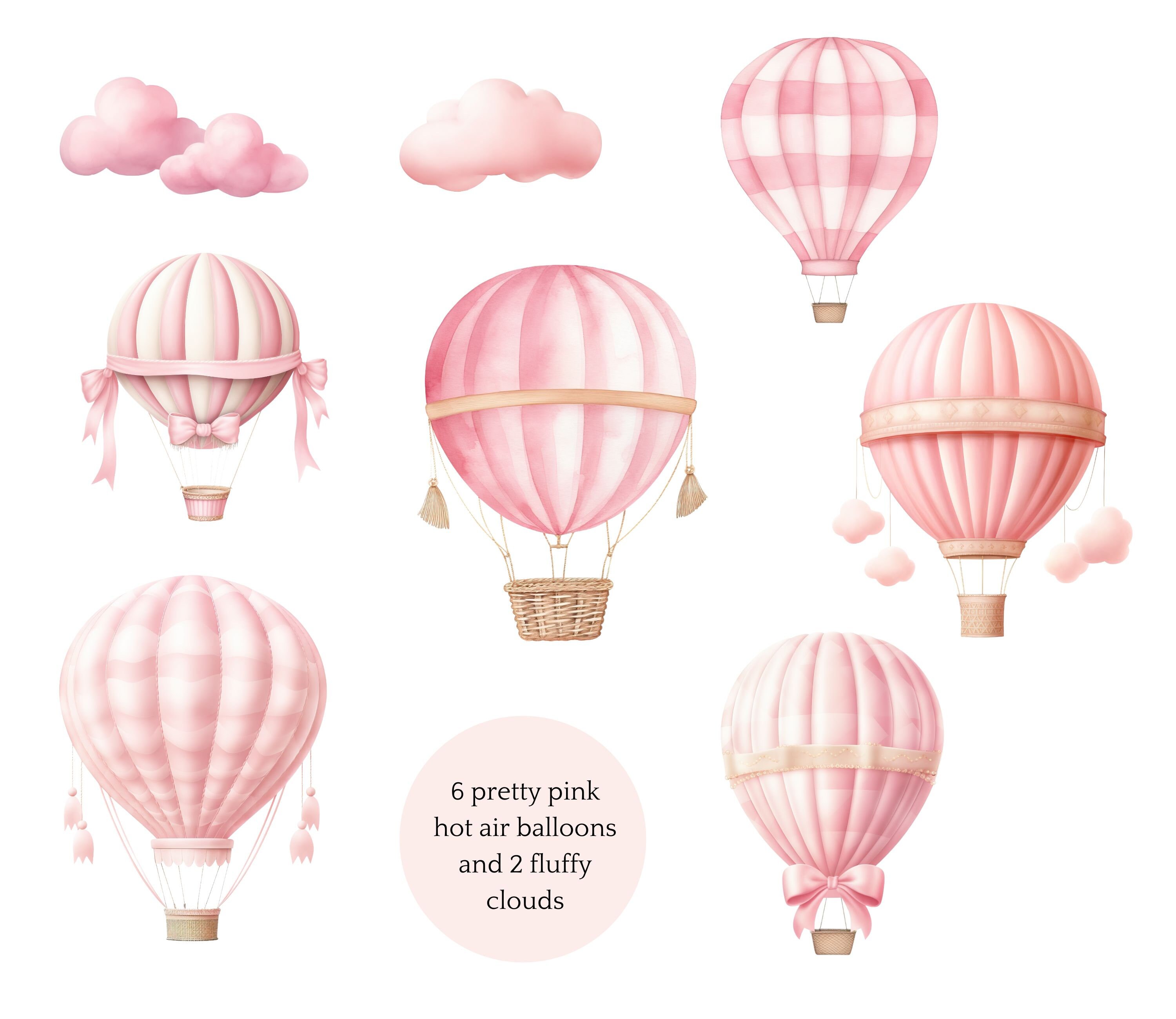 Pink Hot Air Balloons Clipart Watercolor PNG Elements for Nursery Art ...