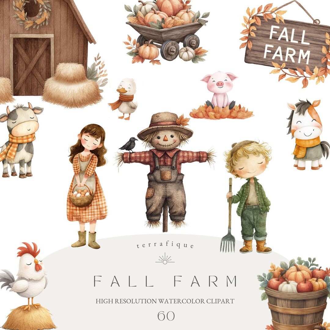Fall Autumn Farm Clipart Bundle Cute Kids Animals Pumpkins Countryside ...