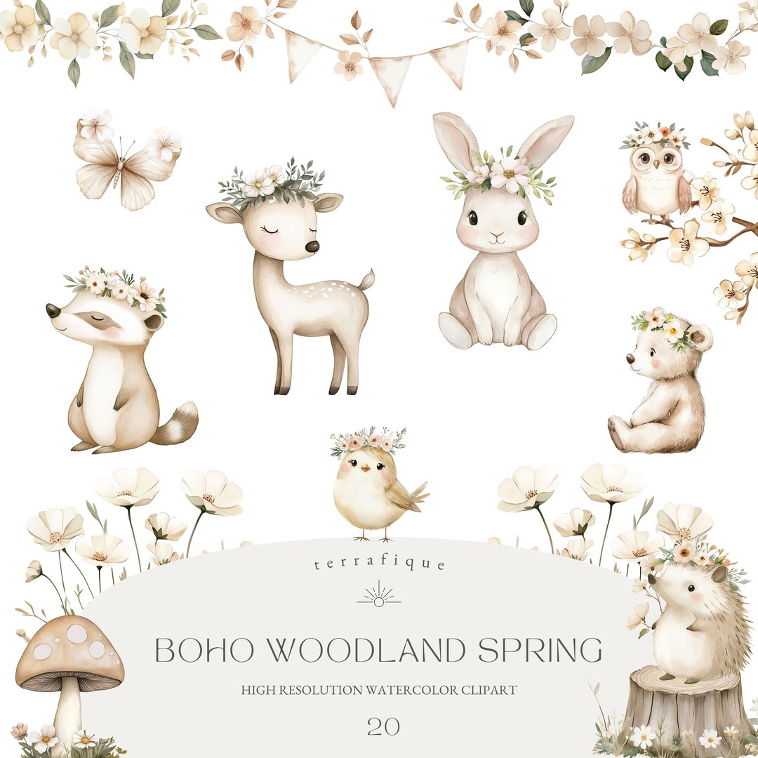 Boho Woodland Animals Watercolor Clipart: Beige Floral Nursery (digital ...
