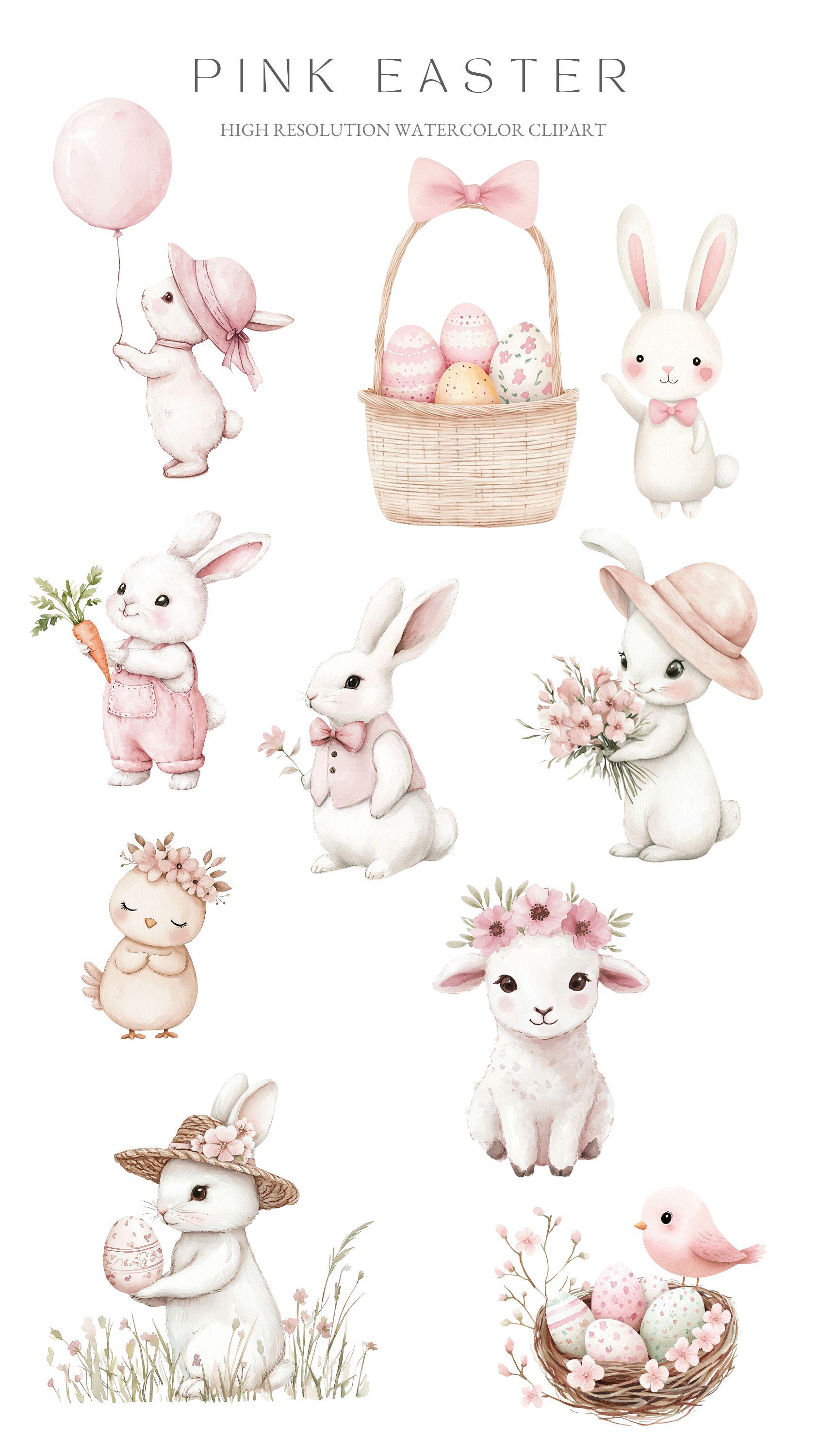Pink Easter Bunny Clipart: Watercolor Cottagecore Bunnies (digital ...