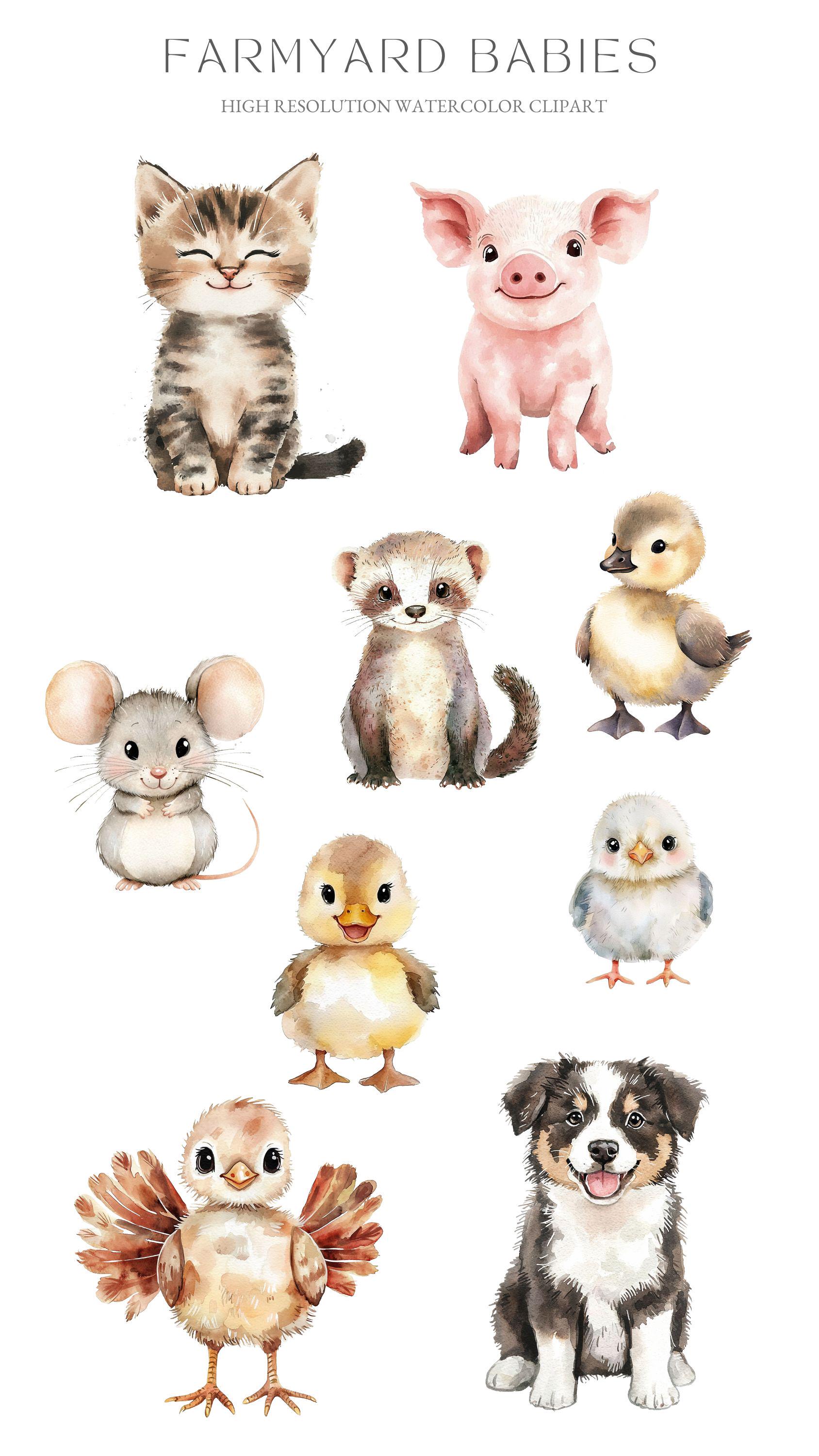 Watercolor Farm Animals Clipart: Baby Shower Nursery Art (PNG Digital ...