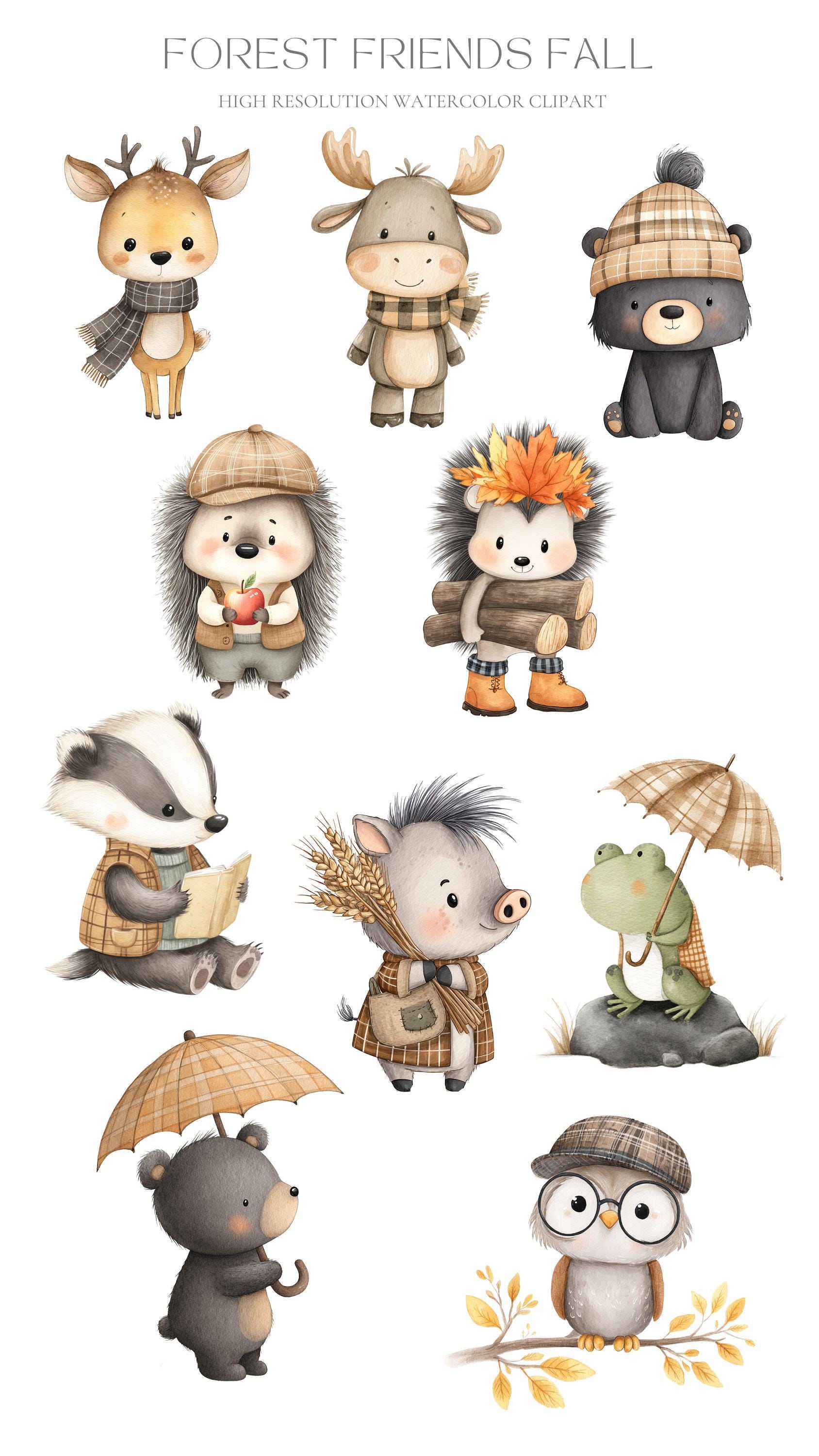 Fall Forest Animals Clipart, Watercolor Woodland Autumn PNG, Bunny Fox ...
