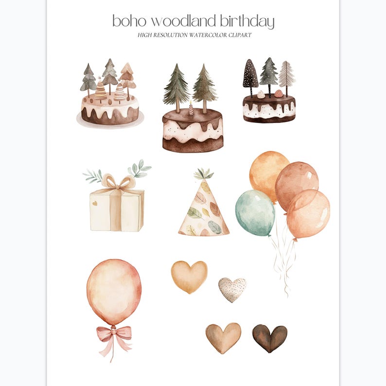 Boho Woodland Animals Birthday Clipart: Watercolor Forest PNG (digital ...