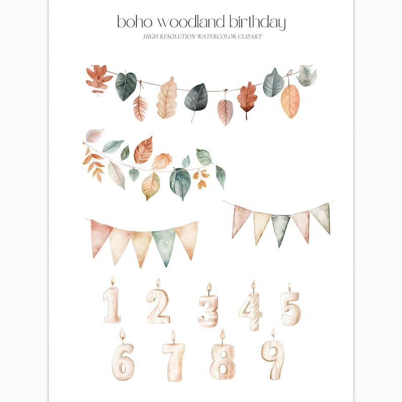 Boho Woodland Animals Birthday Clipart: Watercolor Forest PNG (digital ...