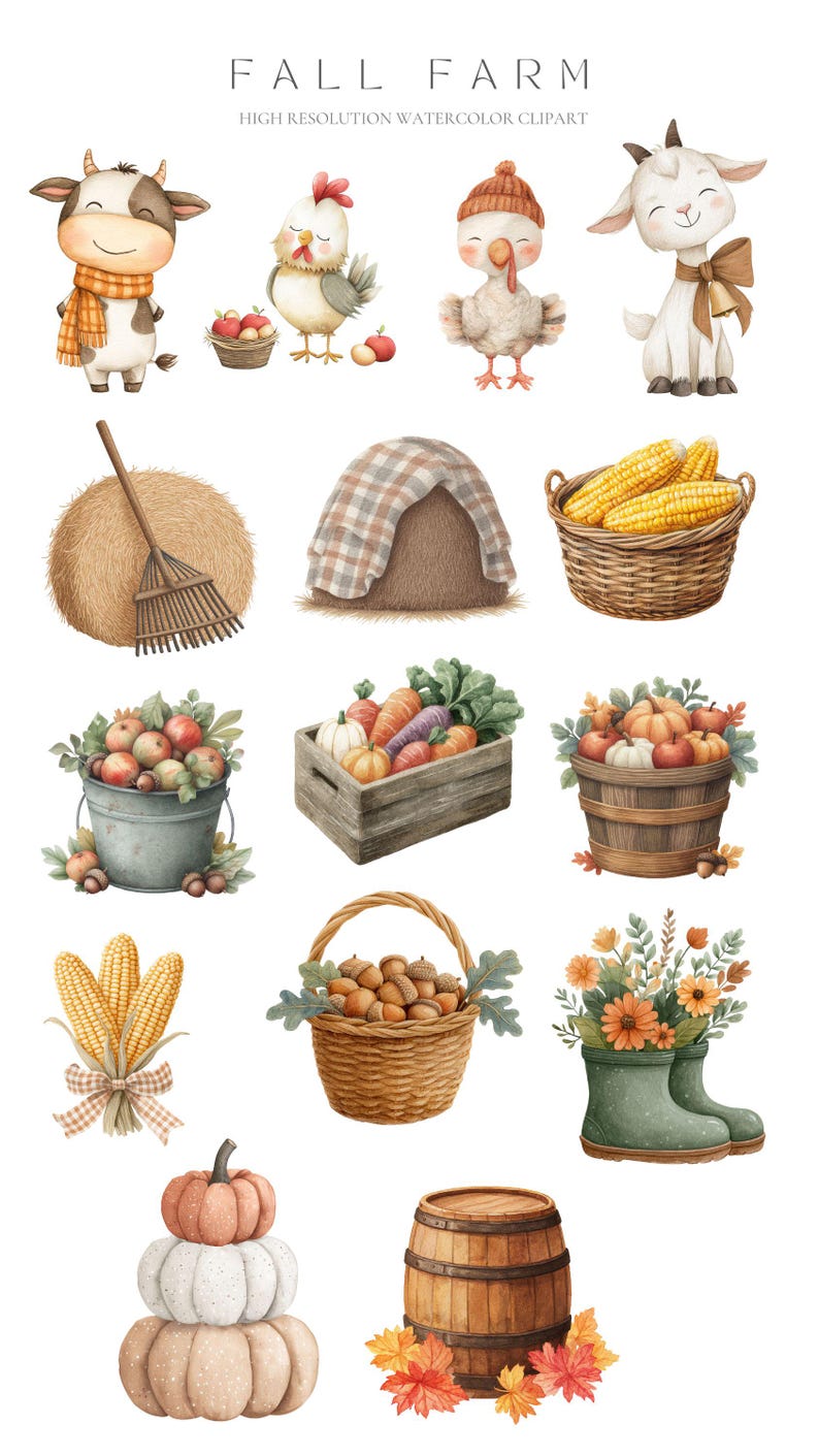 Fall Farm Clipart, Watercolor Harvest Barn Animals PNG, Pumpkin ...