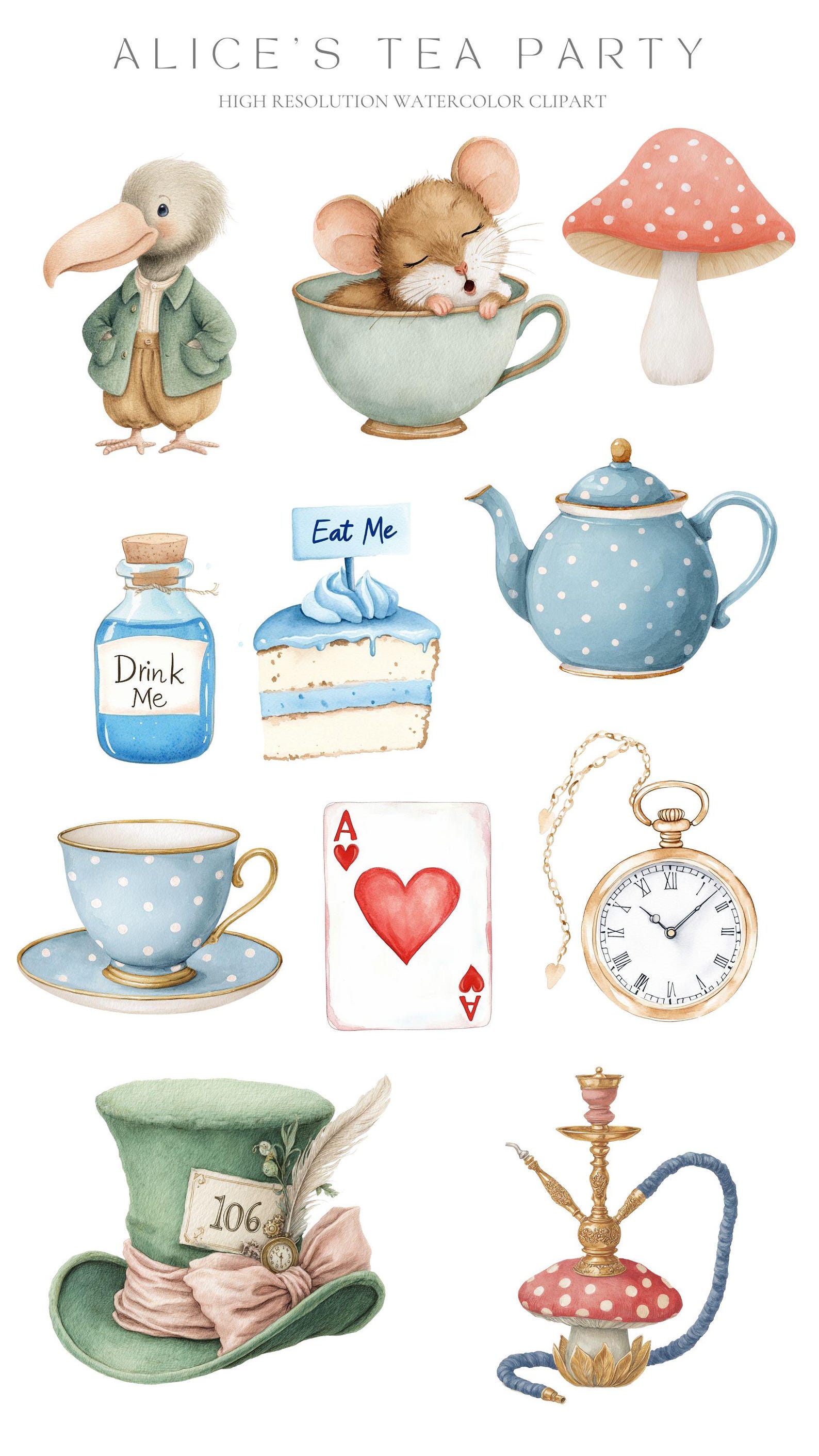 Alice in Wonderland Clipart: Watercolor Tea Party PNG (commercial Use ...