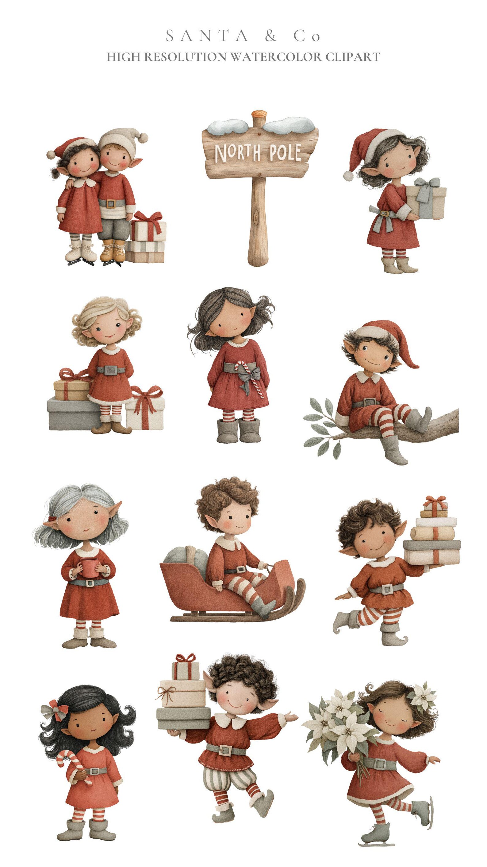 Whimsical Christmas Clipart: Santa's Helpers, Elves, Animals (PNG ...