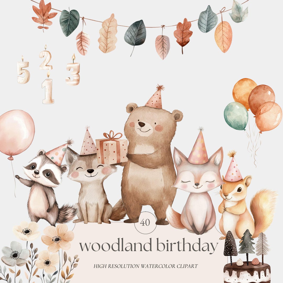 Woodland Animals Birthday Clipart Set Boho Cute Party Whimsical ...