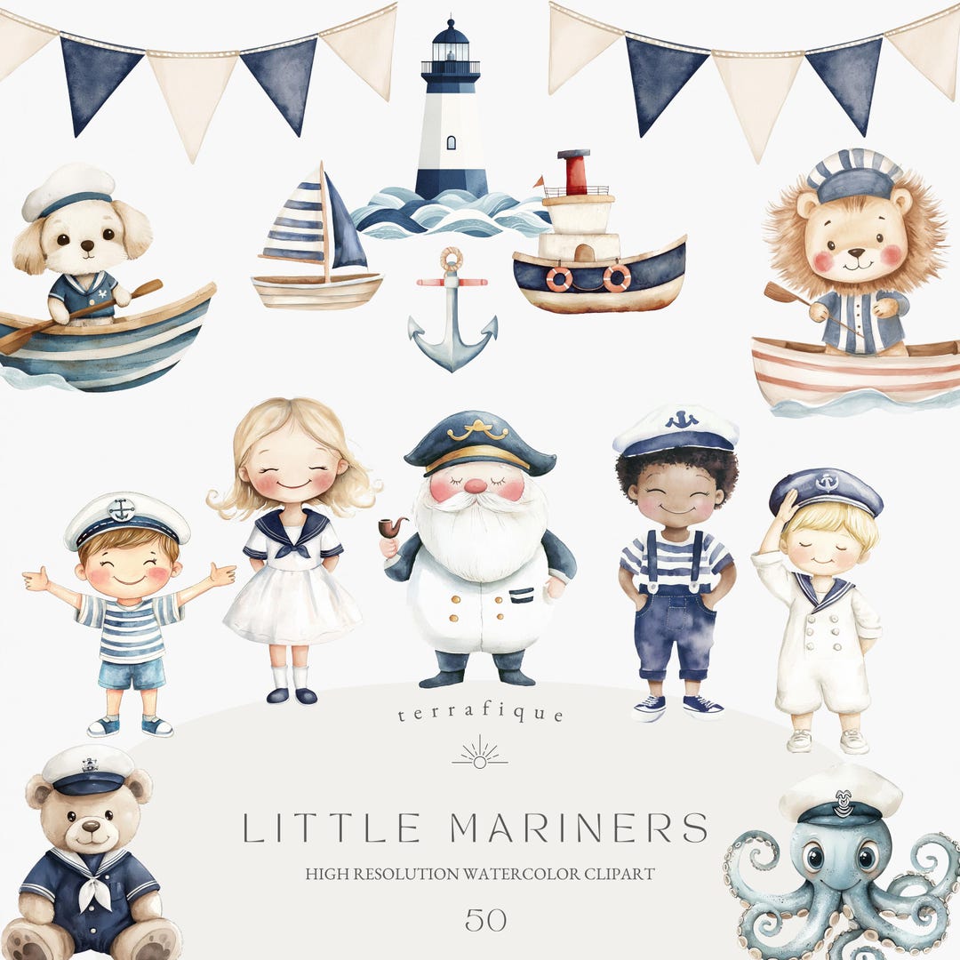 Nautical Watercolor Clipart: Animals, Sailors, Boats (digital Download ...