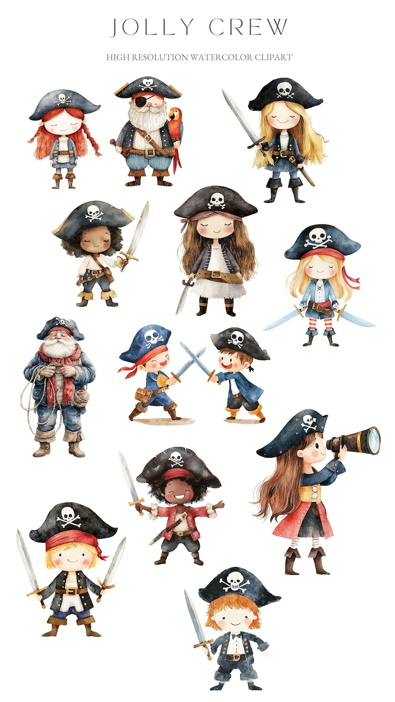 Pirate Clipart Set: Whimsical Kids, Animals, Treasure Island (50 ...