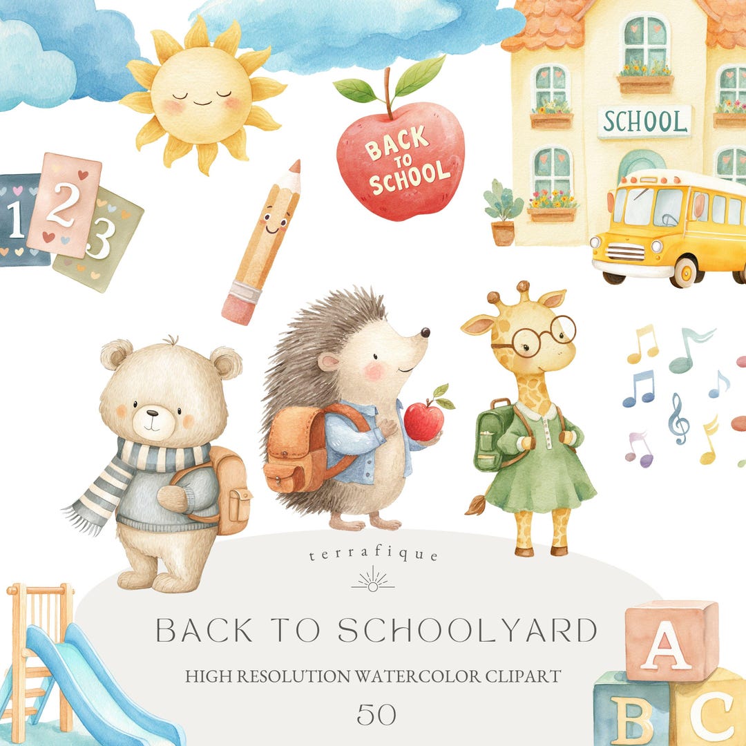 Back to School Animal Clipart: Watercolor Nursery PNG Bundle ...