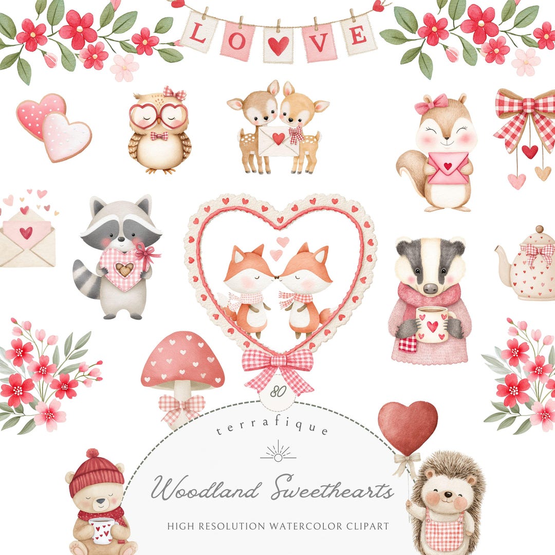 Valentine's Clipart, Love Woodland Forest Animal Couples Cottagecore ...