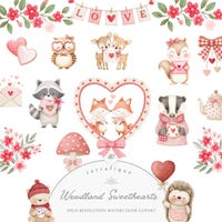 Woodland Valentine Clipart Bundle, Cute Watercolor Forest Animals and ...