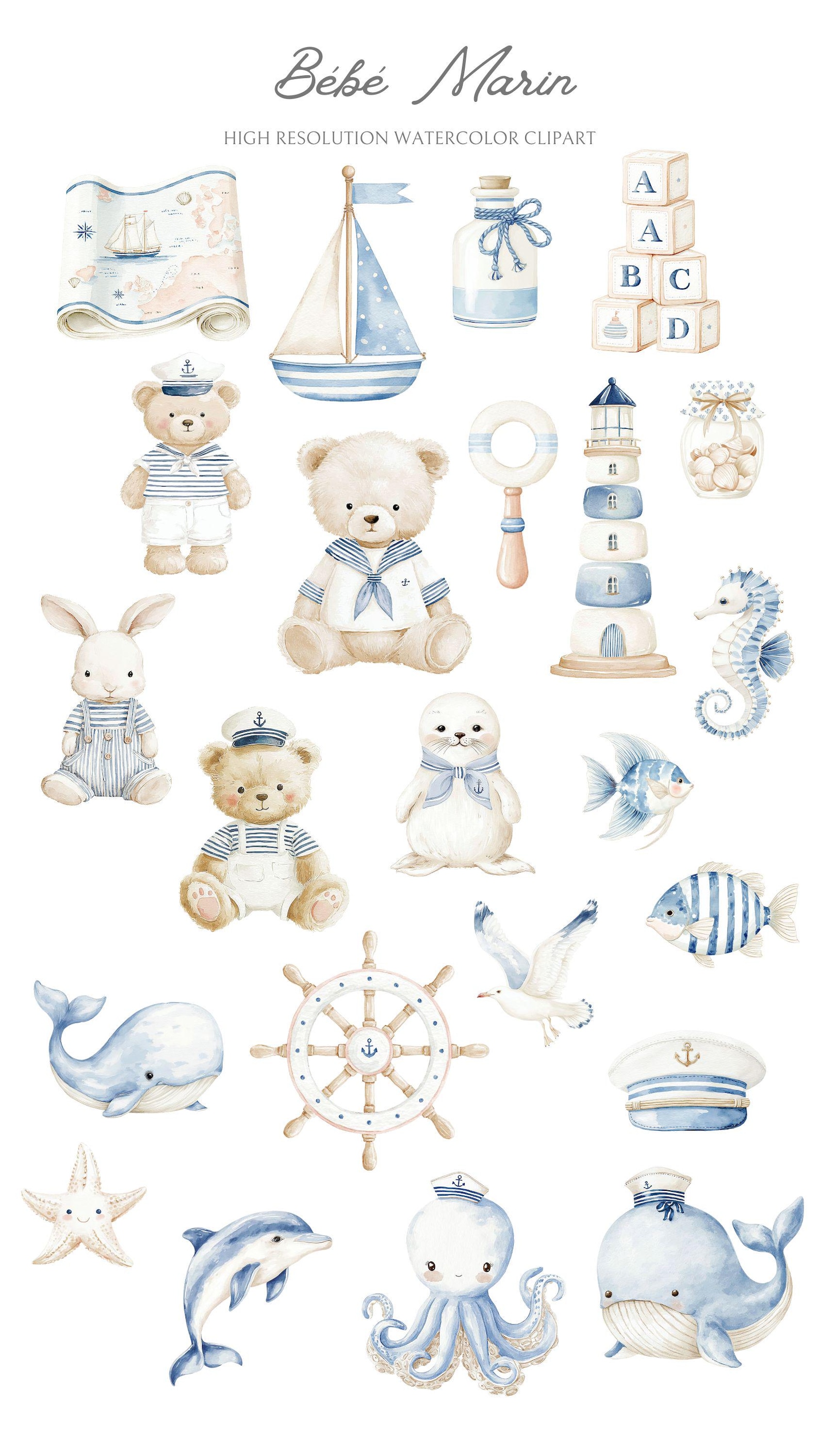 Coastal Nursery Clipart Watercolor Nautical Baby Shower Sea Graphics ...