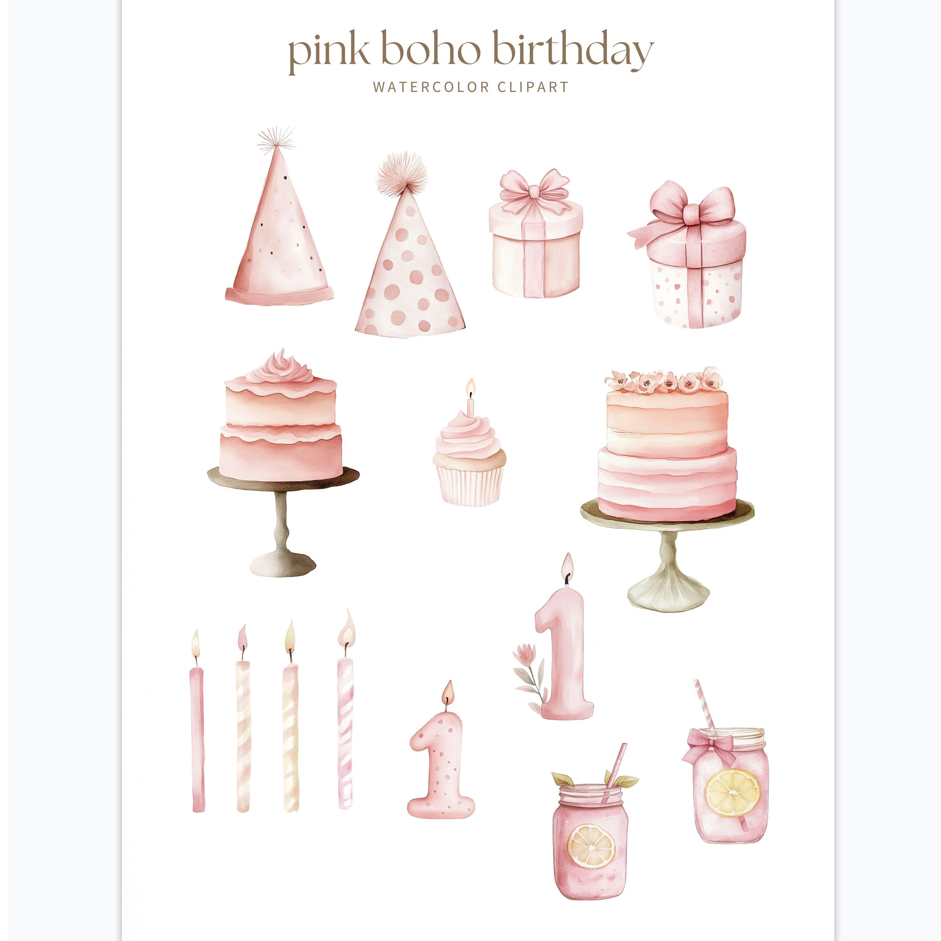 Pink Boho Birthday Clipart: Watercolor Party Graphics (PNG) - Etsy