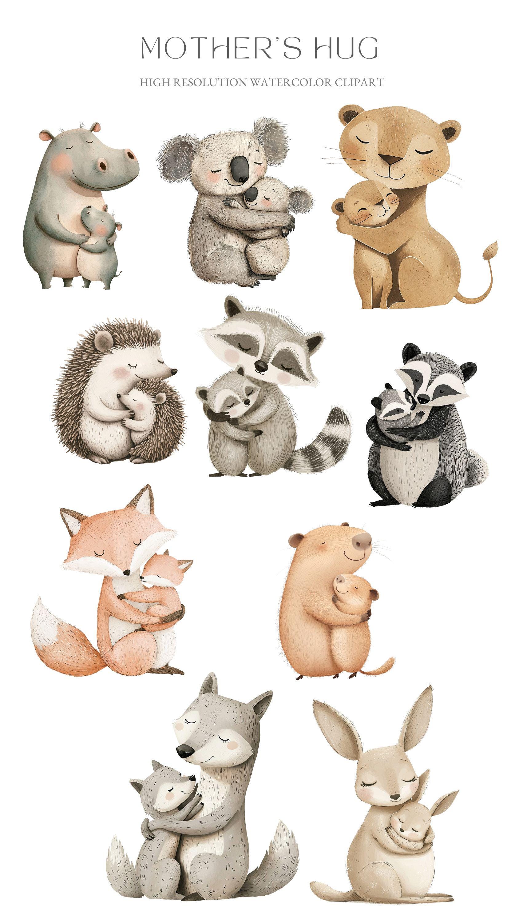Mom and Baby Animal Watercolor Clipart: Safari, Farm, Woodland (digital ...