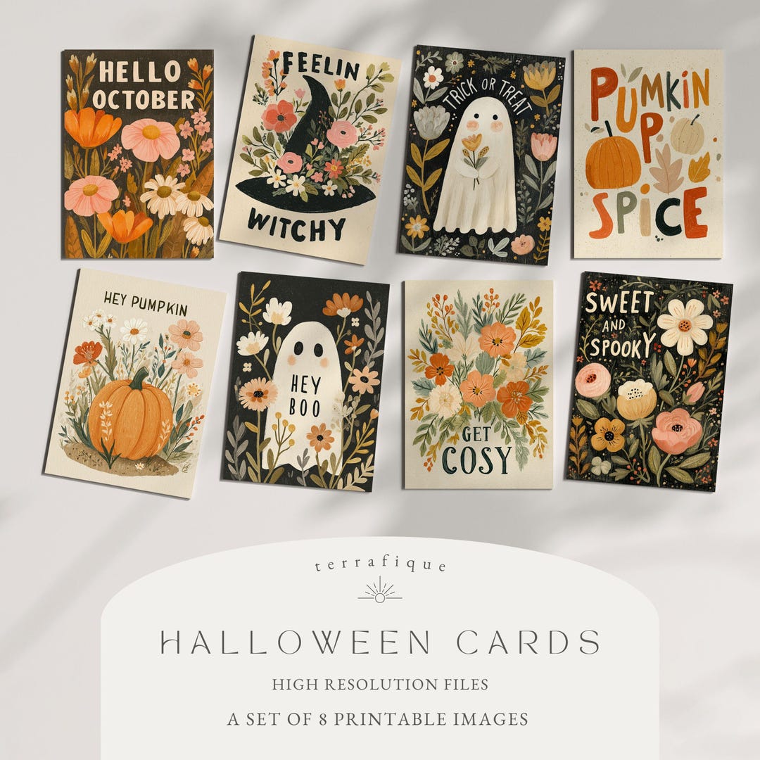 Spooky Halloween Cards: Ghost & Pumpkin Art Prints (digital Download - Etsy