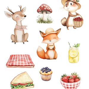 Picnic Clipart Cute Woodland Forest Animals Watercolor Retro Spring ...