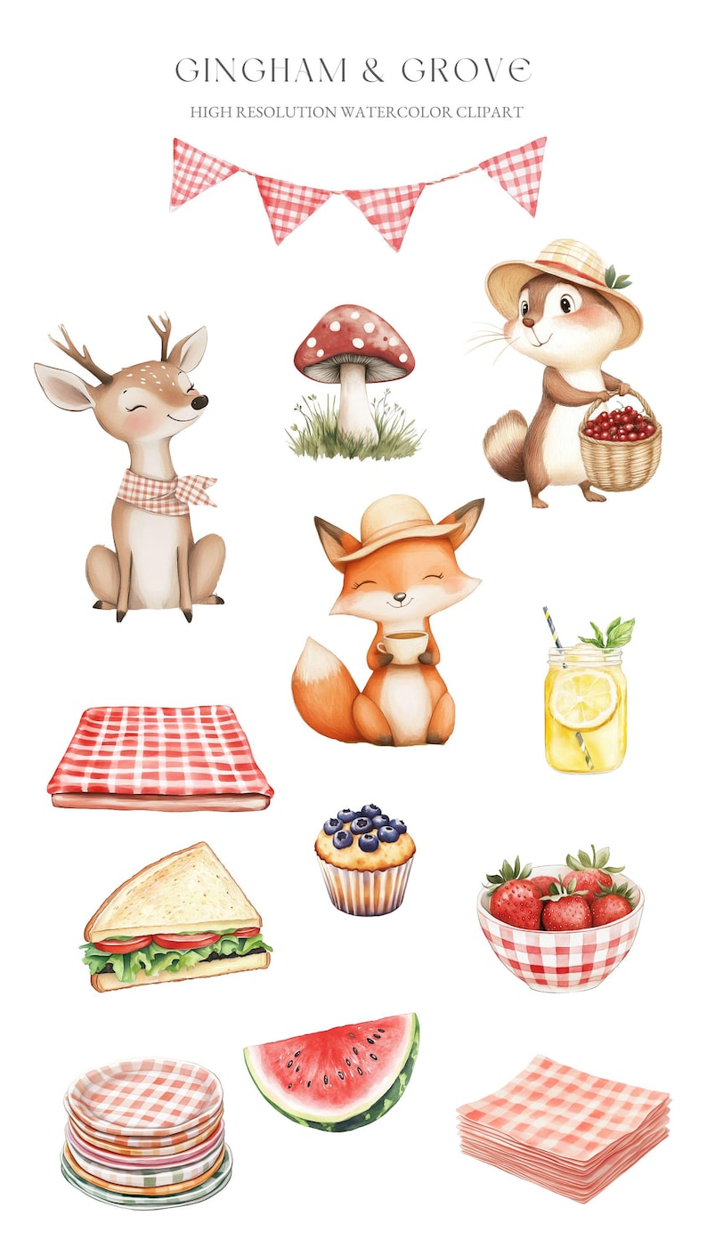 Woodland Picnic Clipart: Watercolor Forest Animals (digital Download ...