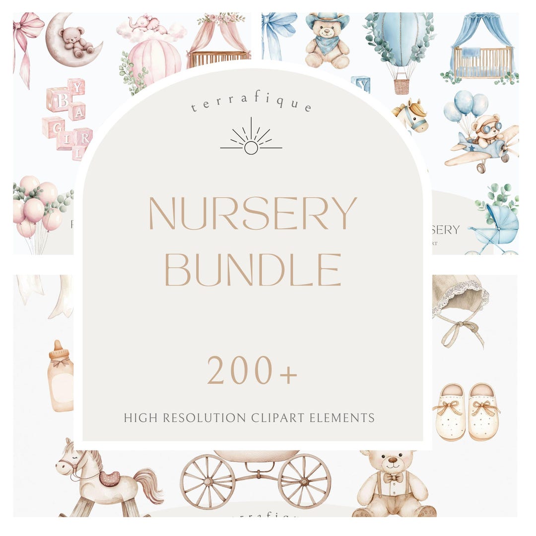 Watercolor Nursery Clipart Bundle: 200+ Baby Shower Graphics ...