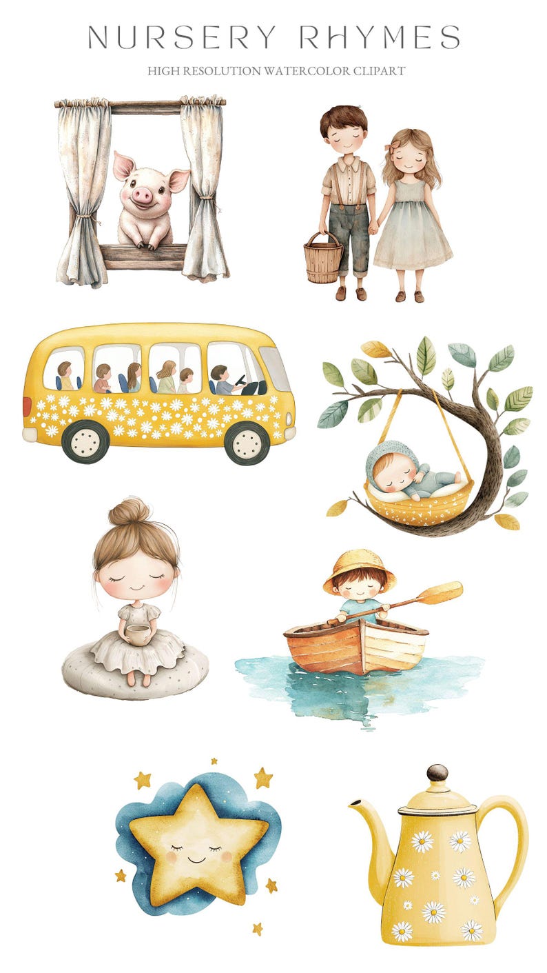 Watercolor Nursery Rhymes Clipart: Whimsical Storybook PNG Graphics - Etsy