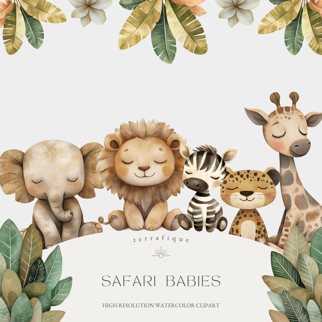 Safari Animals Clipart: Watercolor Baby Jungle Animals (PNG, Commercial ...