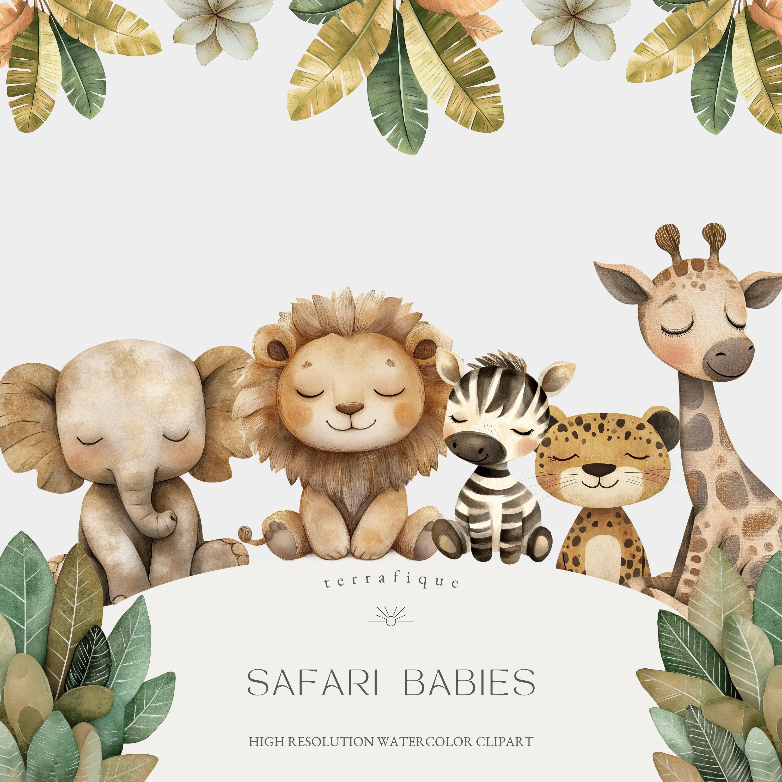 Safari Animals Clipart: Watercolor Baby Jungle Animals (PNG, Commercial ...